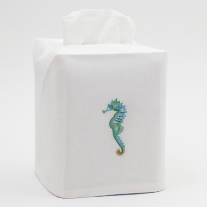 Seahorse Aqua Tissue Box Covers by Henry Handwork | Fine Linens